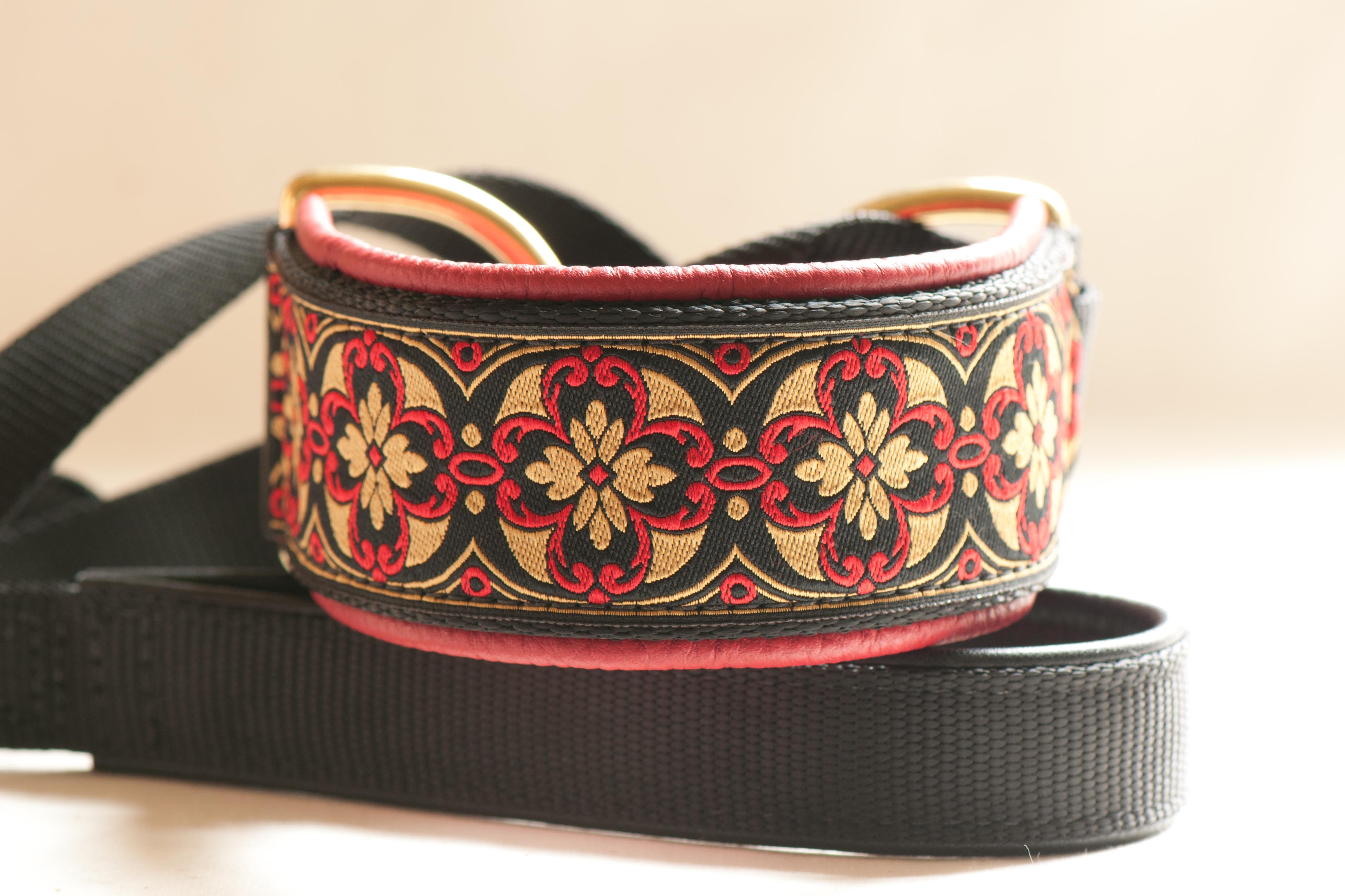 Slip Lead Black, Red and Gold Floral Design - Hamilton Hounds